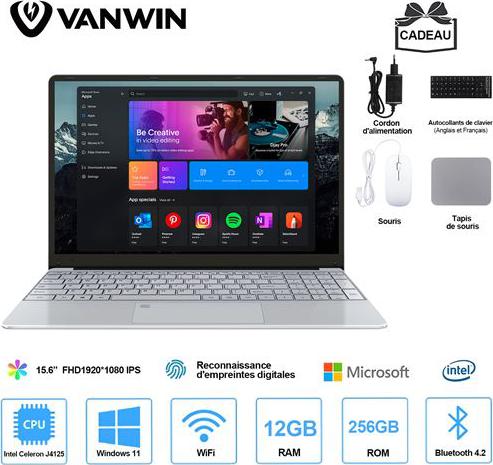VANWIN 15,6 Intel Celeron 8 Go RAM 256 Go SSD Argent - PC Portable